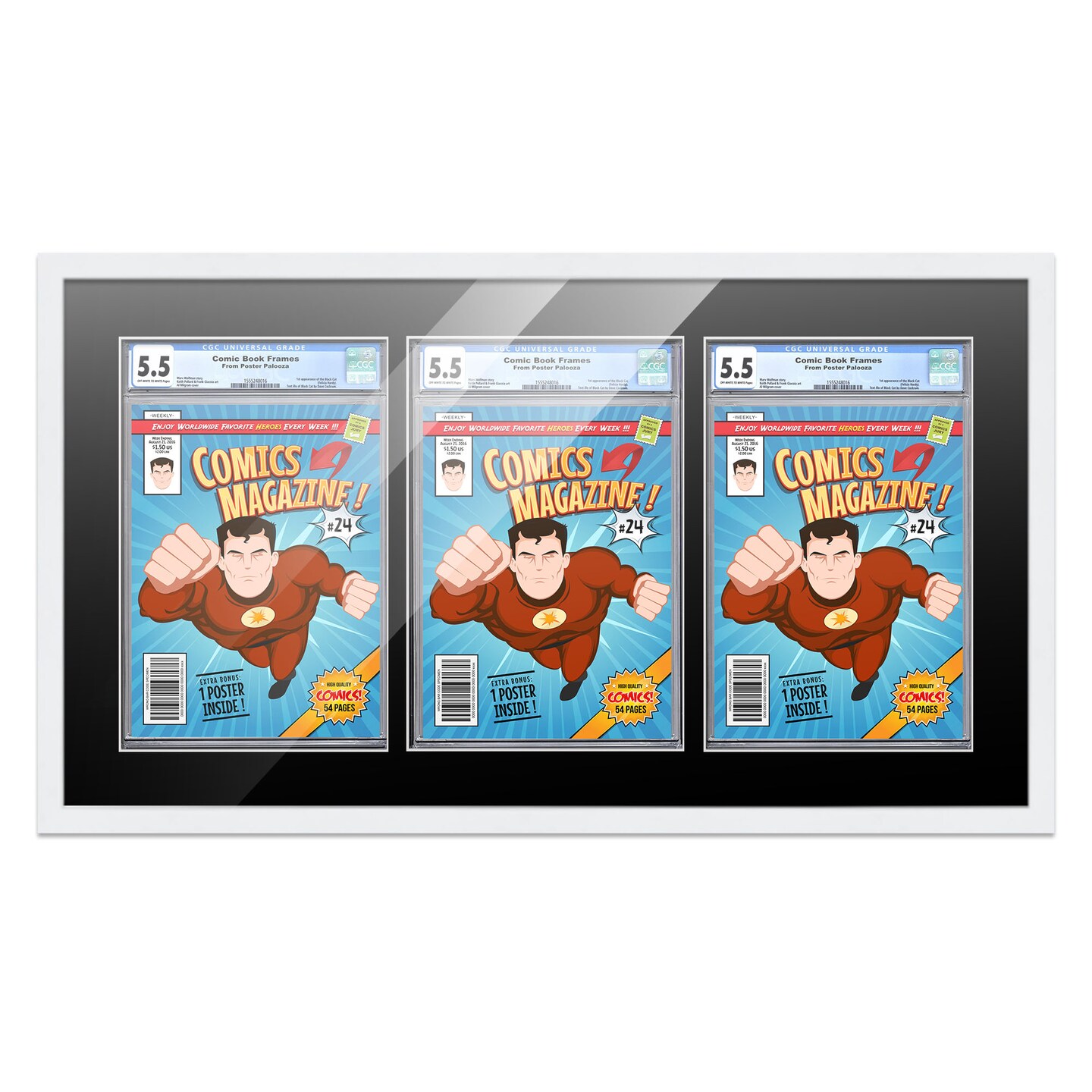 Comic Book Frame with Mat for 3 Graded Comics - White Wood Comic Frame ...