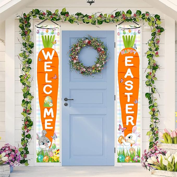 Carrot Welcome Happy Easter Bunny Porch Banner Yard Sign Easter Hanging ...
