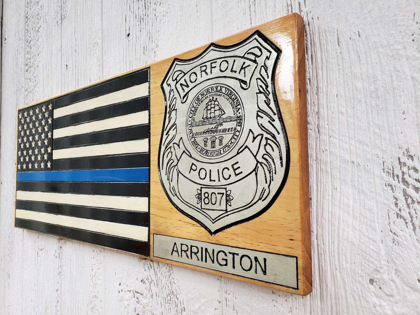 Blue Line Police Flag Sign with Shield, Custom Carved Wood Sign, Police ...