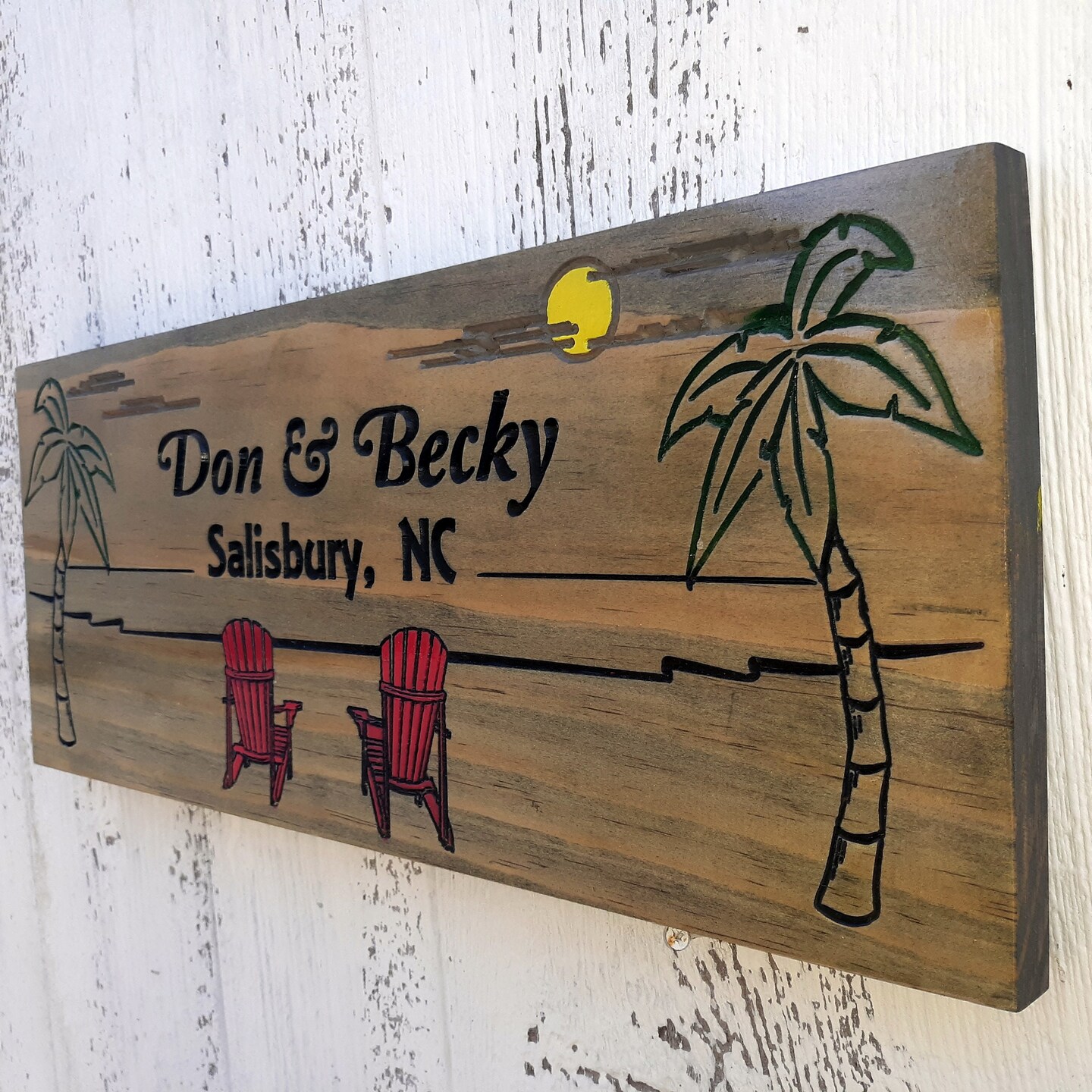 Custom Wood Beach Sign with Chairs and Palm Trees, Personalized Camp ...