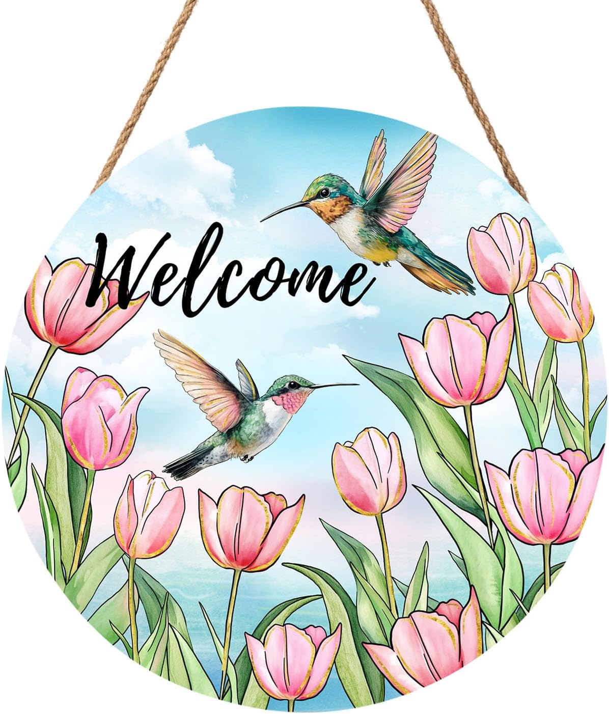 Welcome Spring Summer Pink Tulip Flowers Door Sign For Front Door Decor ...