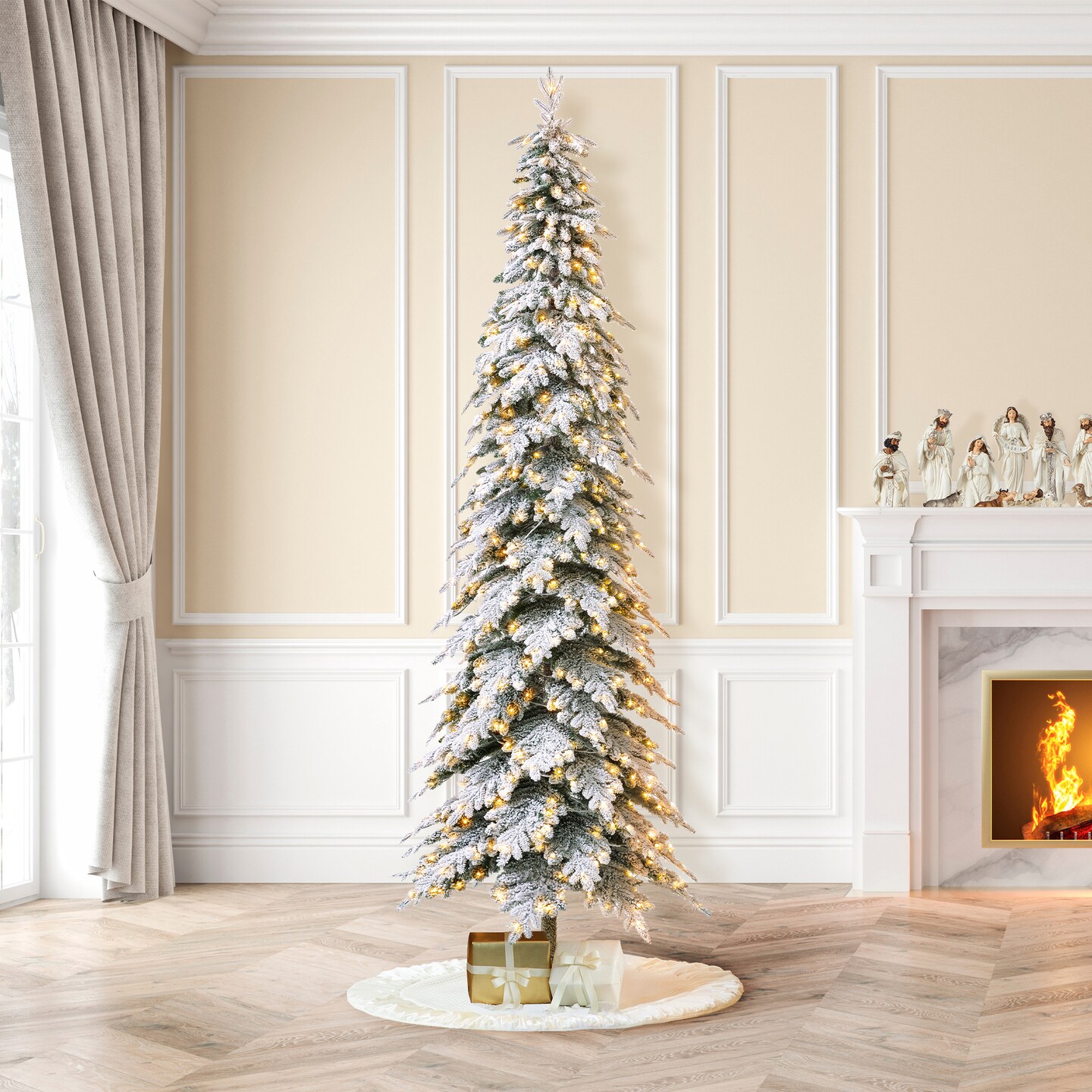 7.5FT 9FT 11FT 15FT Pre Lit Flocked Pencil Spruce Artificial Christmas Tree With Warm White Lights Michaels