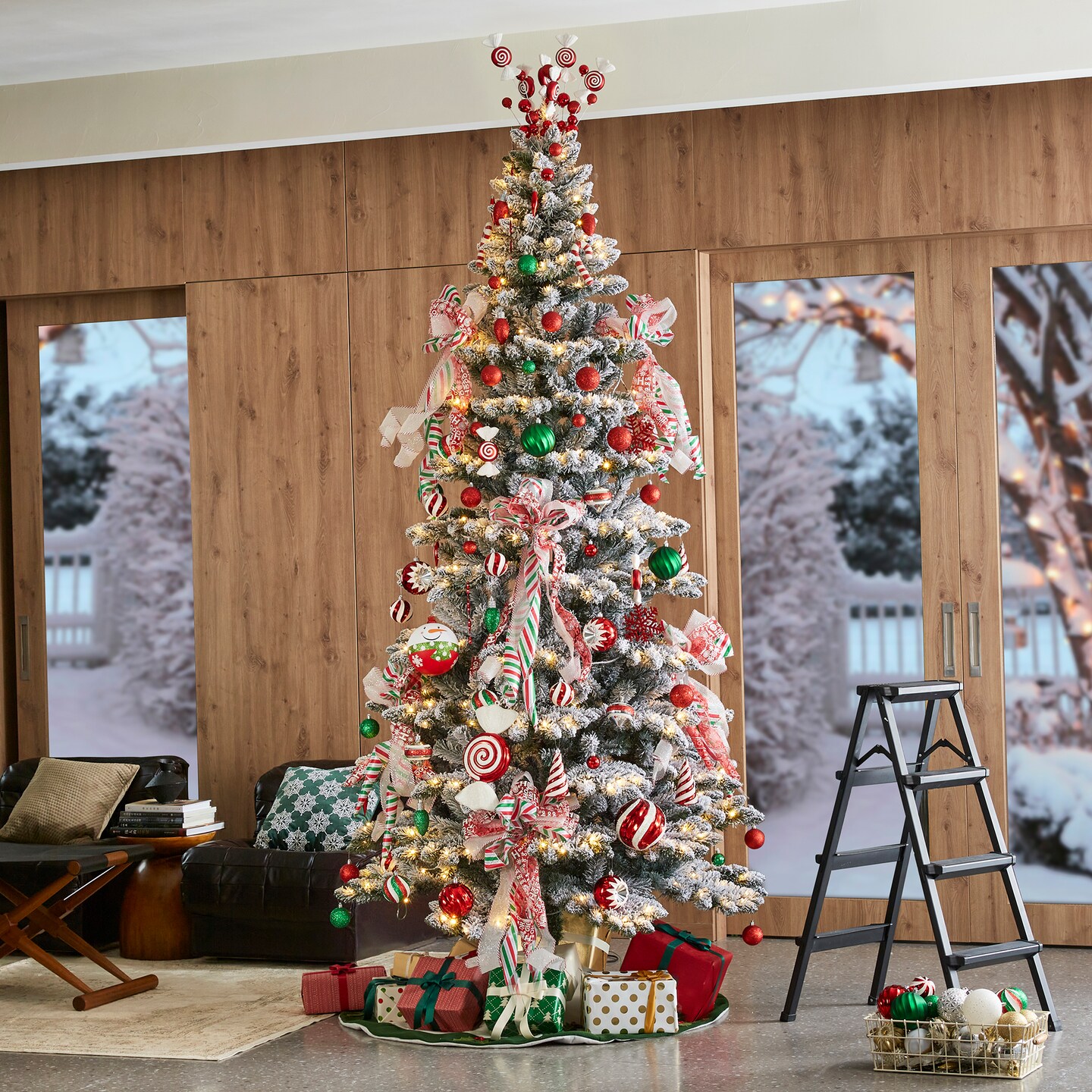 9ft Pre-Lit Flocked Slim Spruce Artificial Christmas Tree with 460 Warm ...