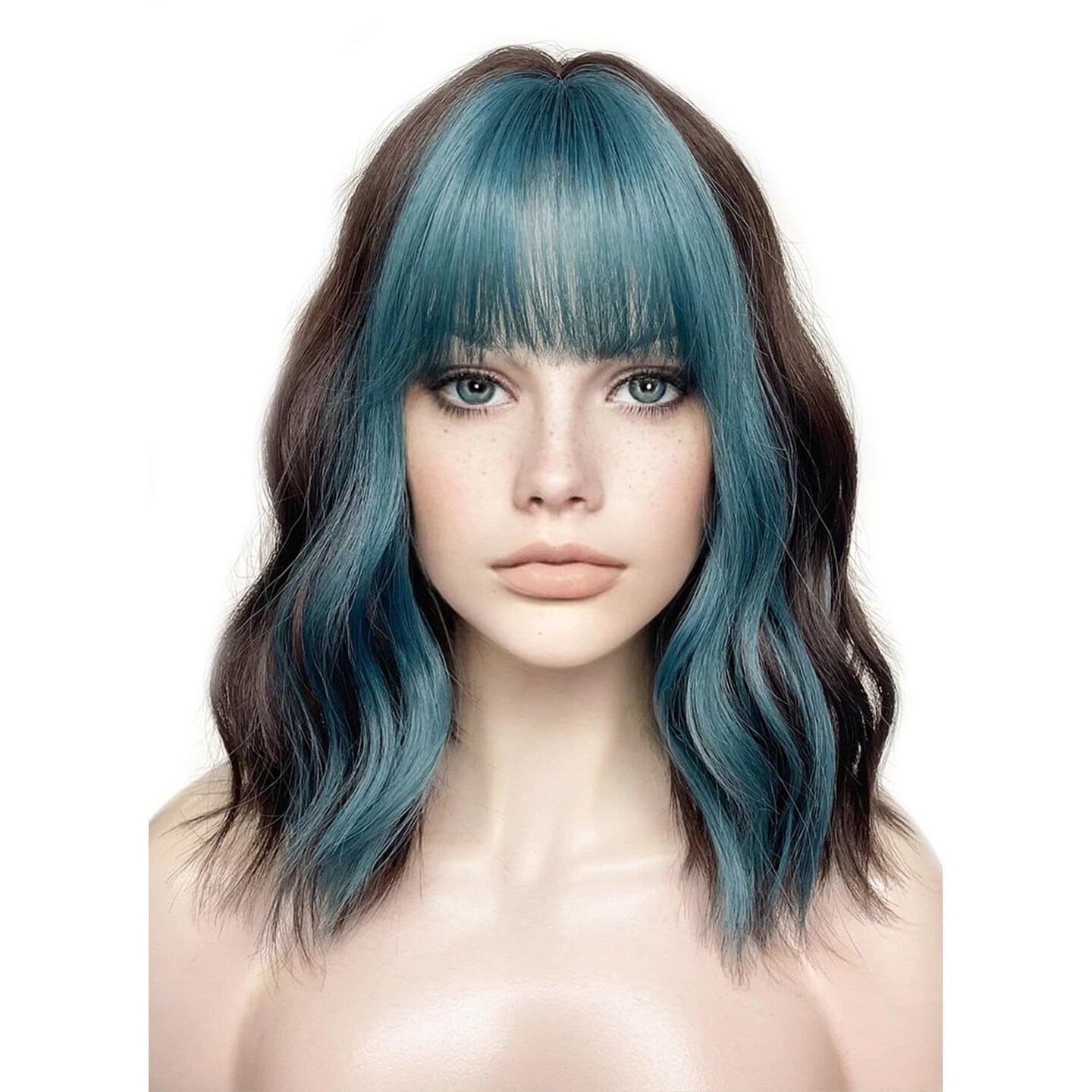 Blue Brown Wig with Bangs Short Curly Wavy Bob Wig Cosplay Split ...