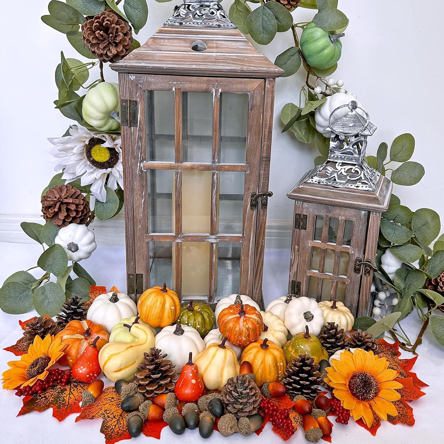 Pumpkins and Gourds with Acorns Pinecones Maple Leaves Sunflowers Fall ...