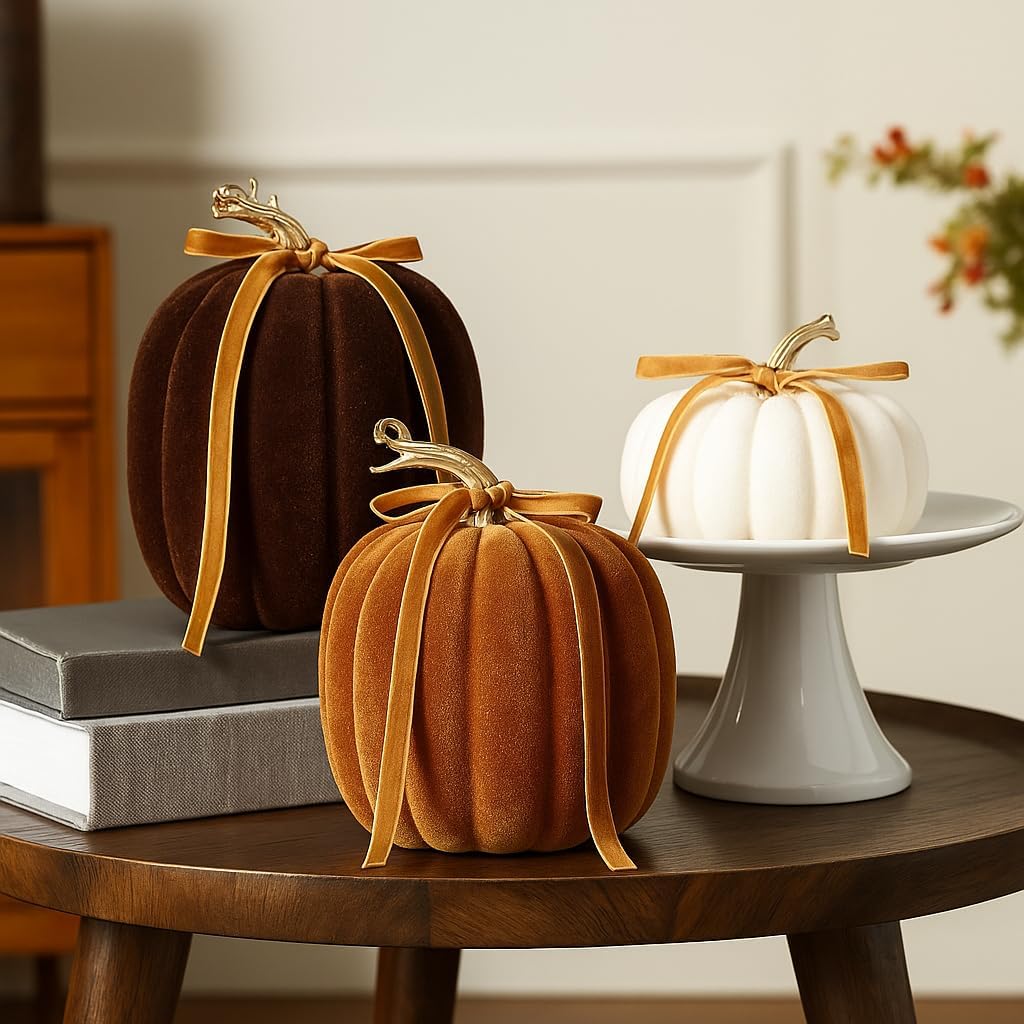 3 Pack Large Artificial Flocked Pumpkins (Brown) | Michaels