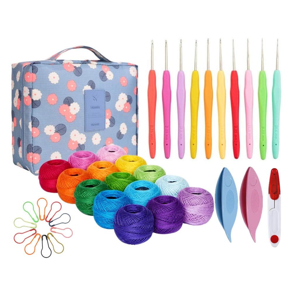 15 Crochet Thread Balls & 10 Lace Crochet Hooks with Storage Bag, 100% ...