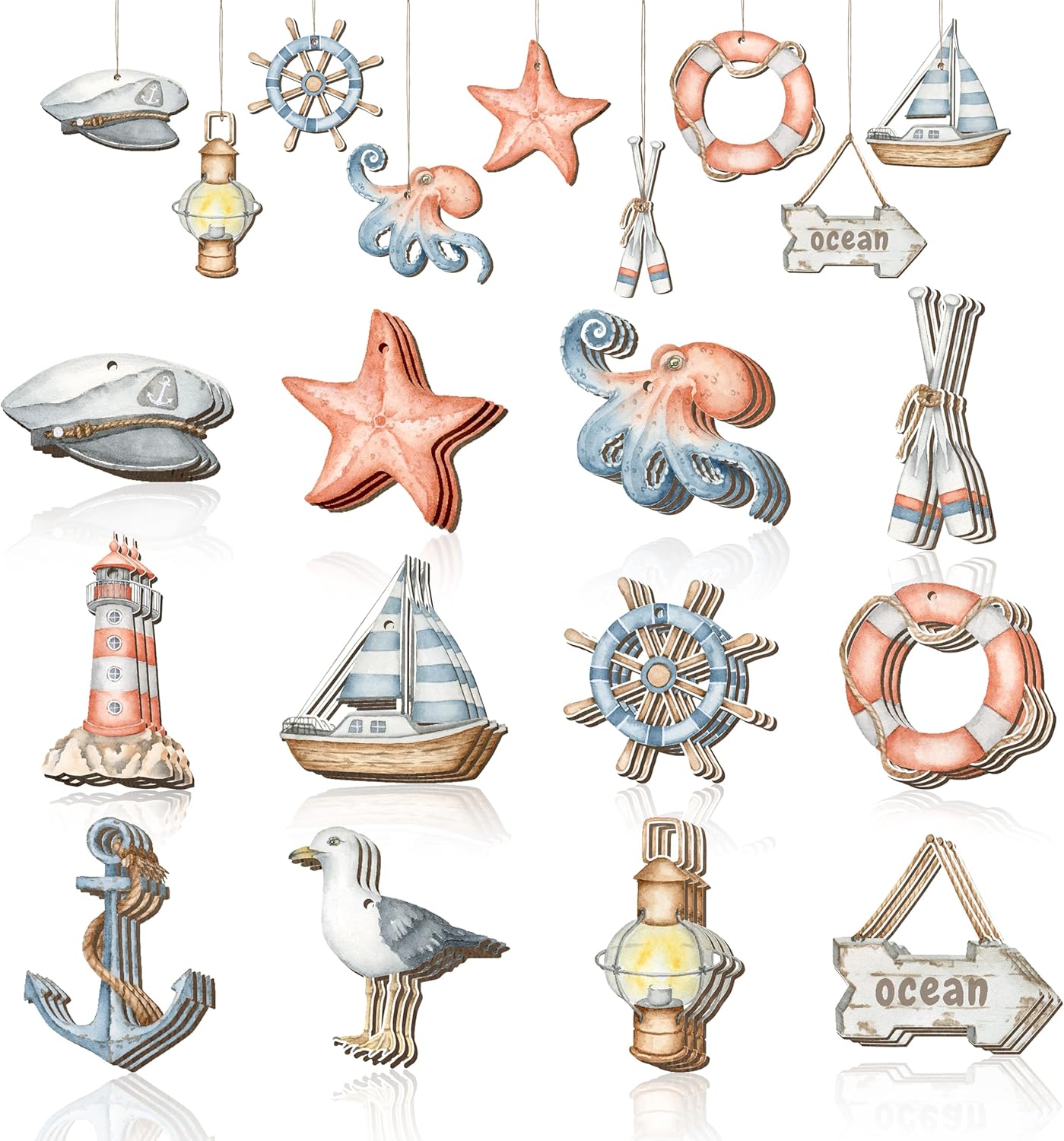 36 Pcs Summer Tree Ornaments, Ocean Nautical Wooden Ornaments Sailboat ...