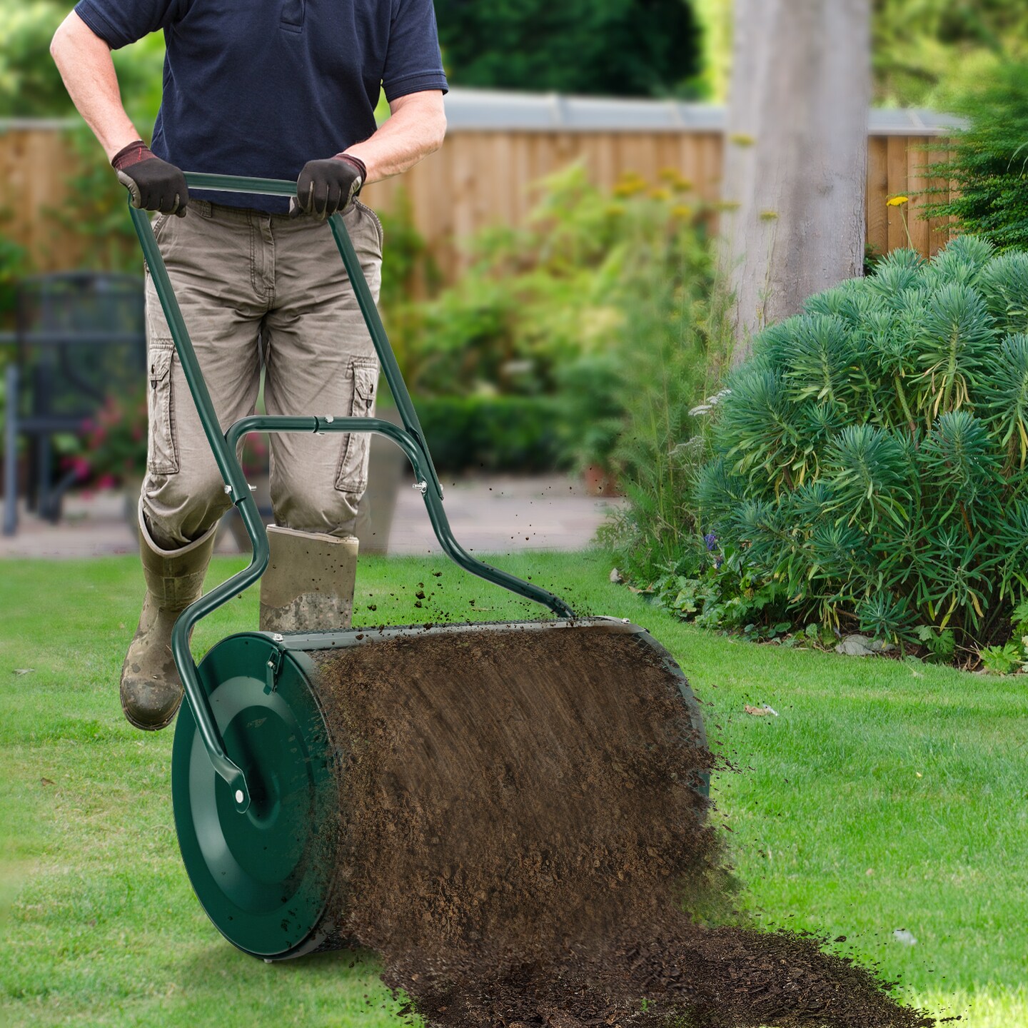 27 Inch Metal Lawn Spreader with Even Spreading Mesh and U-Shaped ...