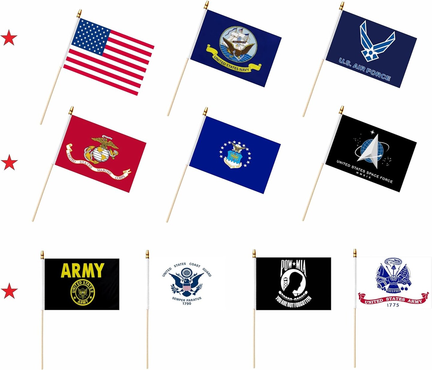 20 Pack Military Flag Set Small Mini Army Armed Forces All Branches Handheld Flags on Wooden ...