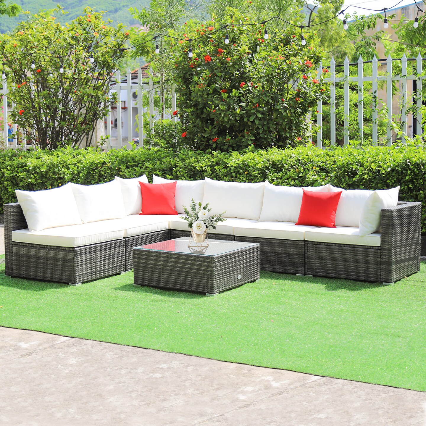 Patio Furniture Set 7 Piece PE Rattan Sectional with Cushions and Table ...