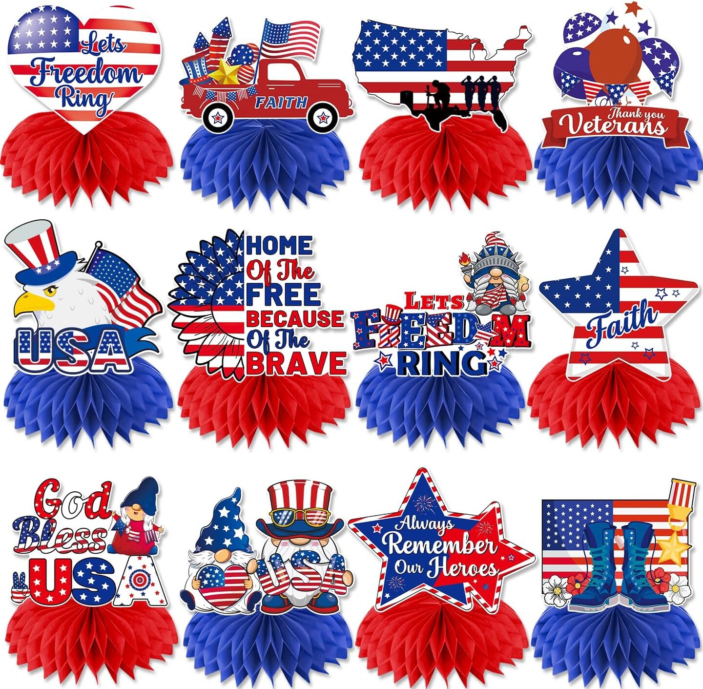12Pcs Memorial Day Decorations Honeycomb Centerpieces, 3D Double Side ...