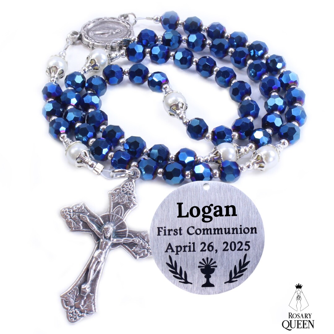 First Communion Rosary Navy Blue Crystal Laser Engraved First Communion ...