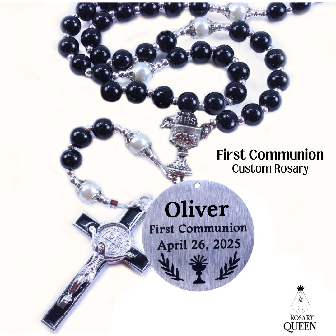 First Communion Rosary Black Glass Pearl Laser Engraved First Communion ...