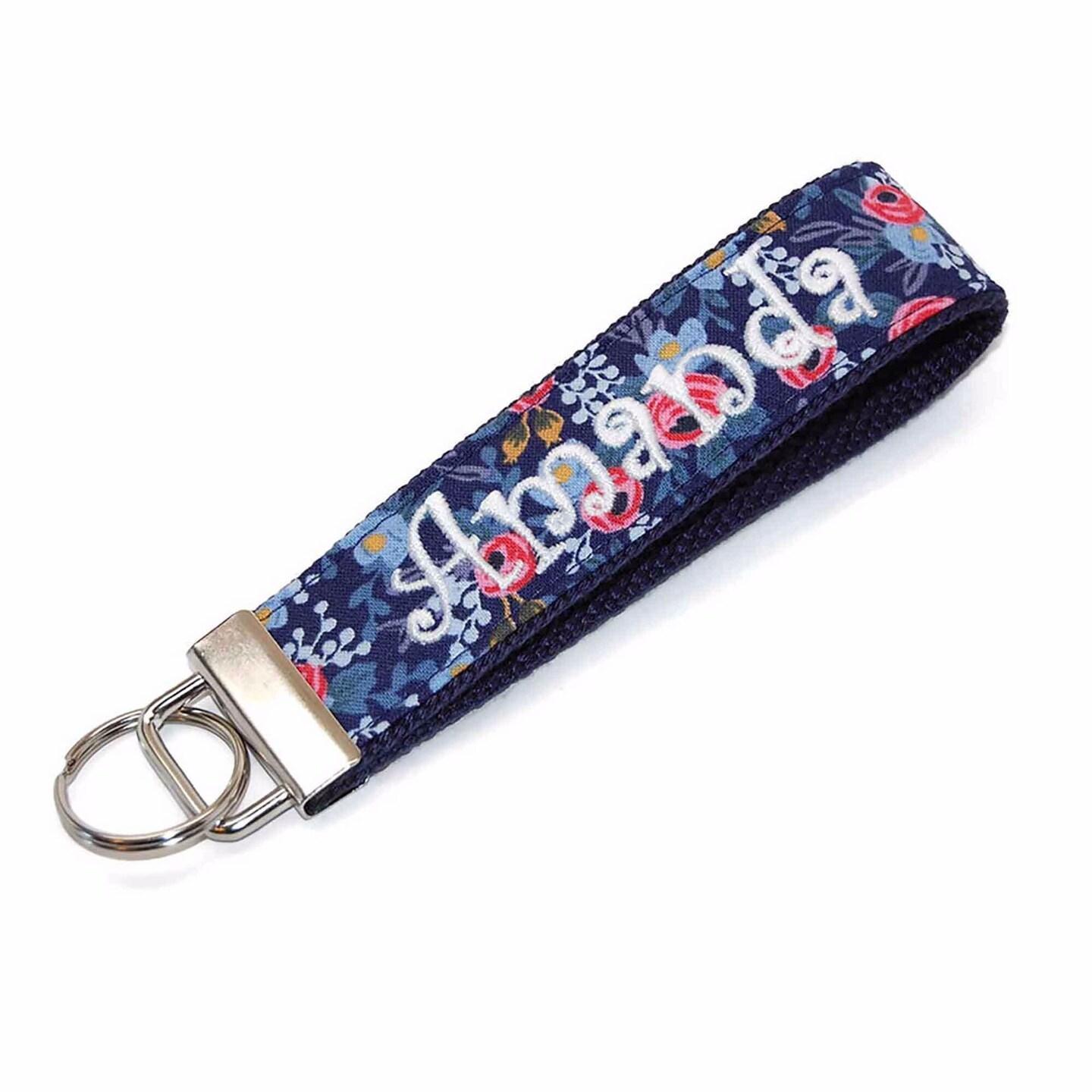 Monogrammed Keychain Navy Blue and Coral Flower - Custom Key Fob with ...