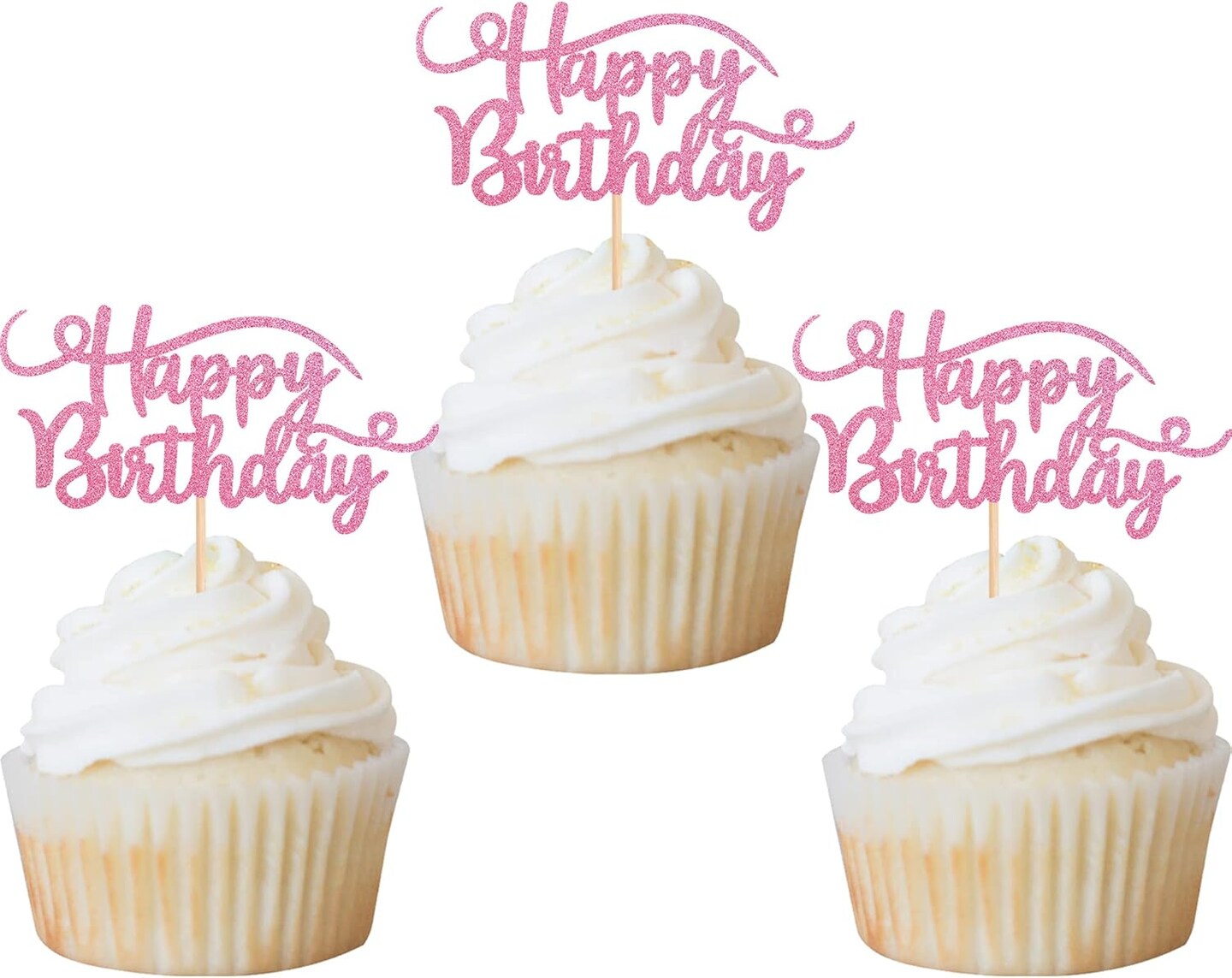 24 Pack Happy Birthday Cupcake Toppers Pink Glitter Birthday Cupcake ...