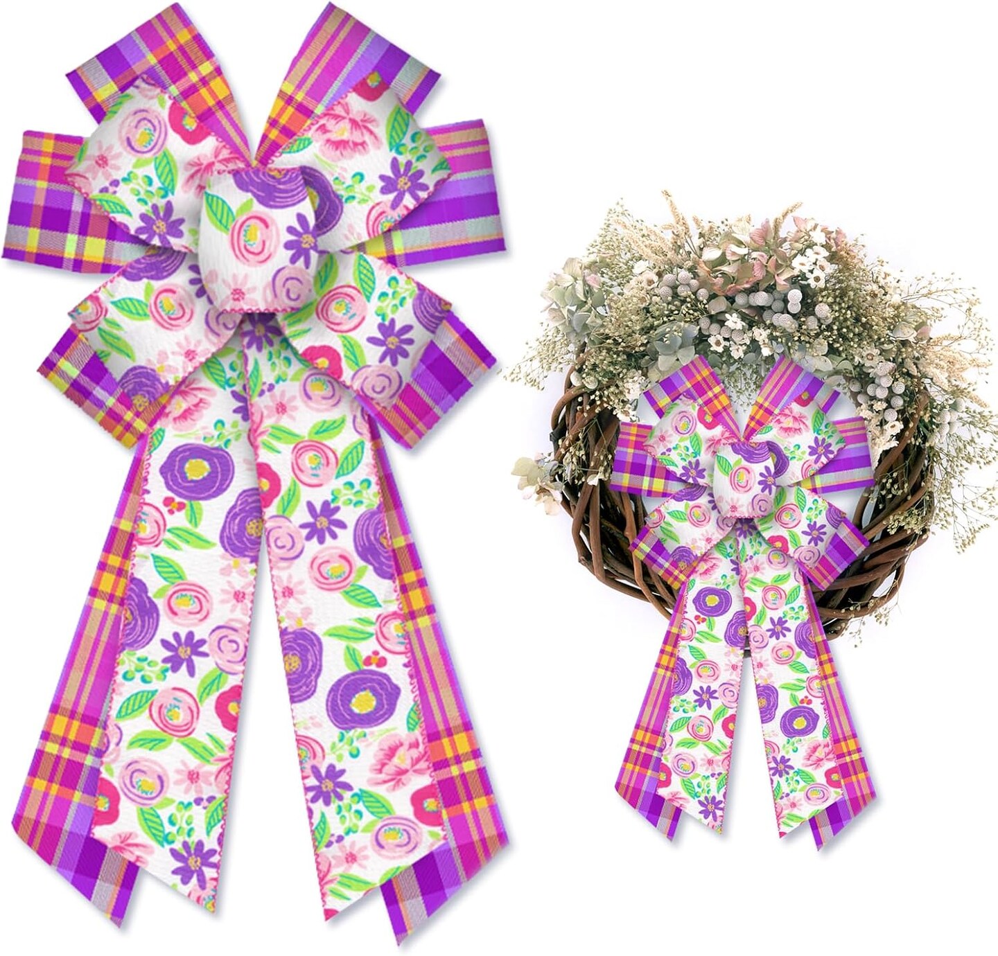 Large Spring Bow for Wreath, Daisy Bow for Front Door, Colorful Plaid ...