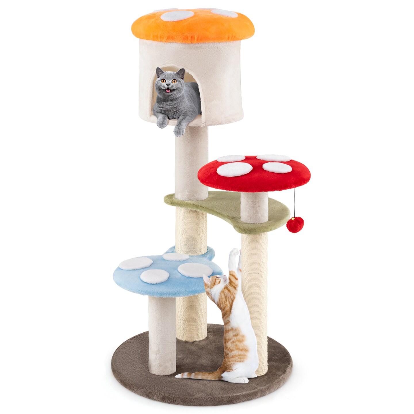 Multi-Color Plush Mushroom Cat Tree with Sisal Scratching Posts, Condo ...