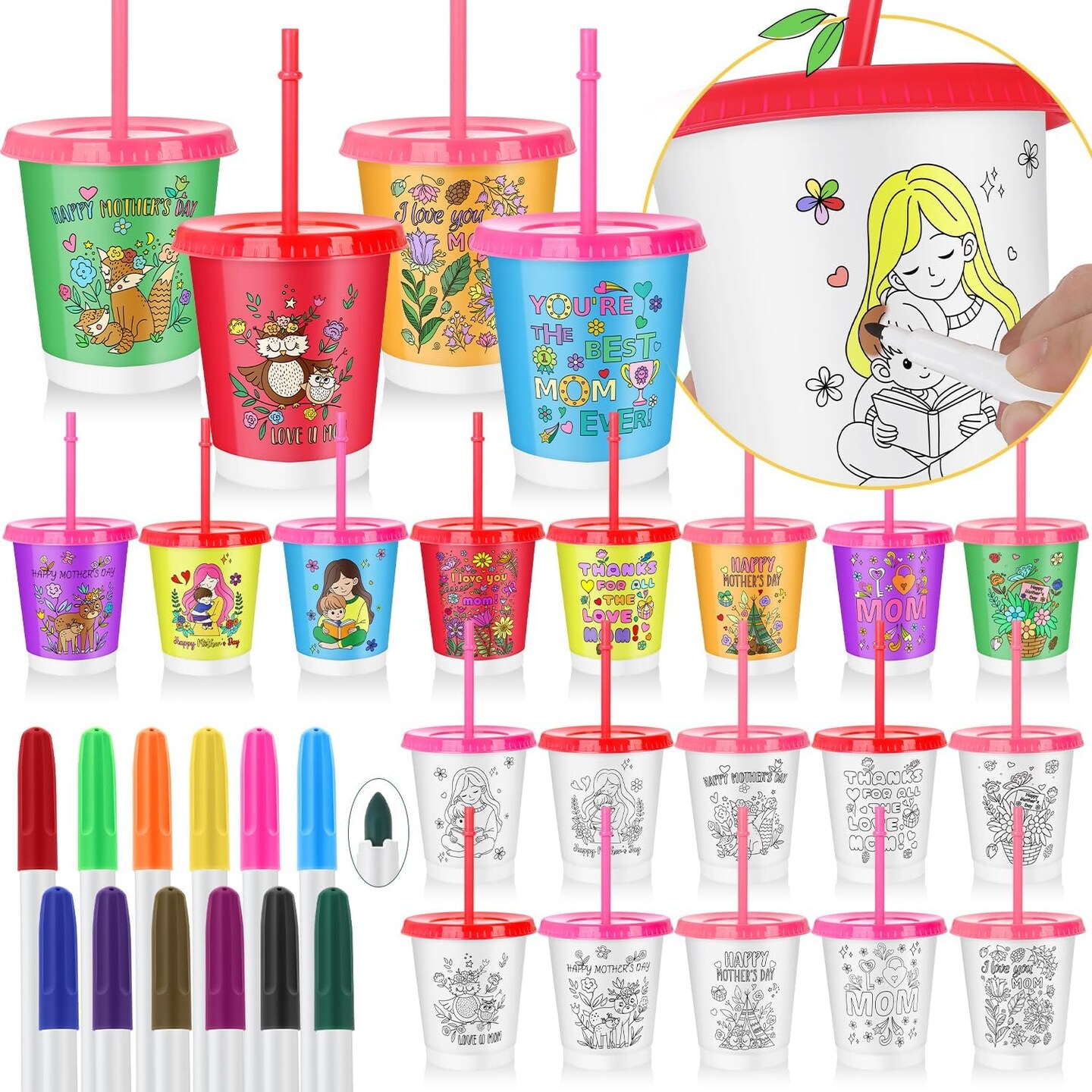 24 Pcs Mother's Day Paint Your Own Cups Kits 16 Oz Fun DIY Decor ...
