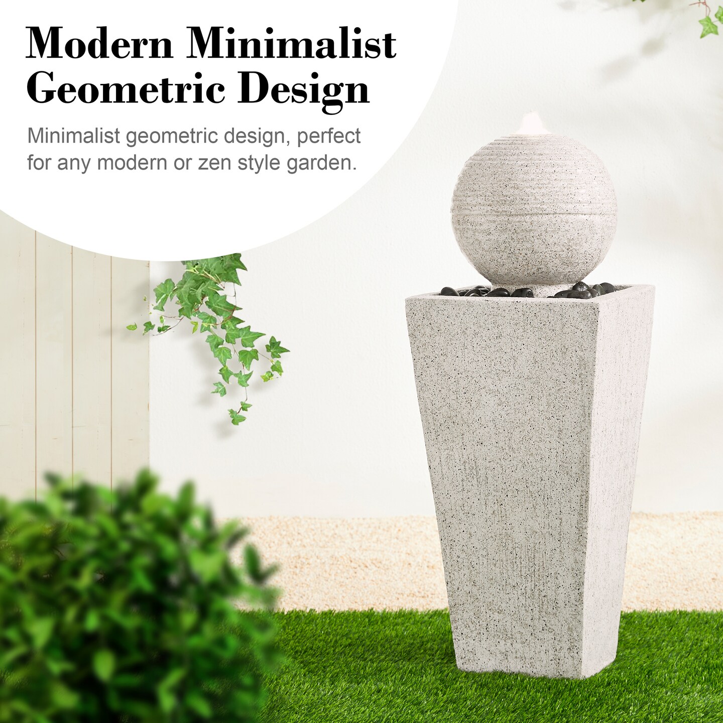 32"H Modern Geometric Pedestal and Sphere Polyresin Outdoor Fountain ...