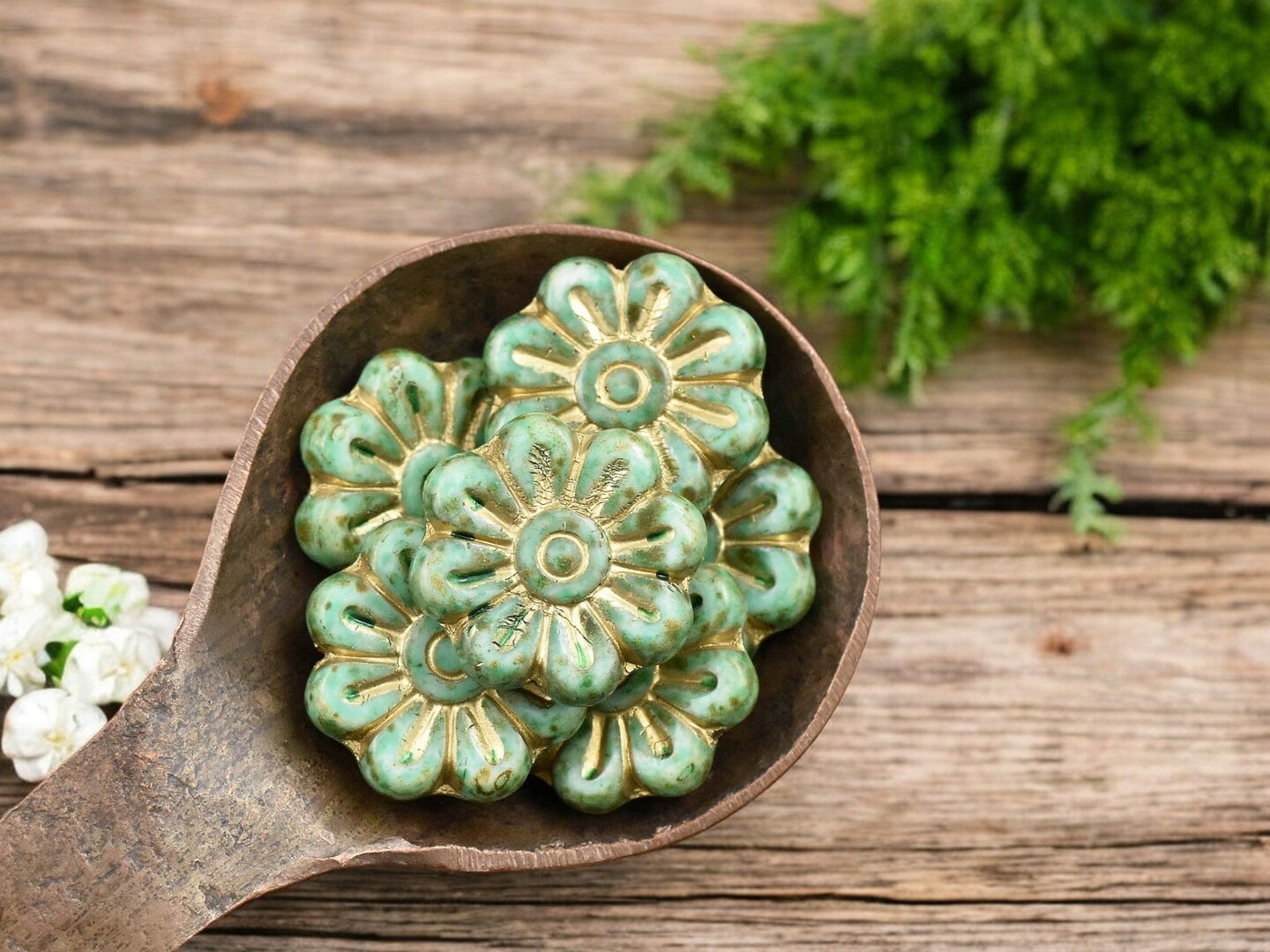 *6* 18mm Bronze Washed Green Turquoise Picasso Daisy Flower Beads ...