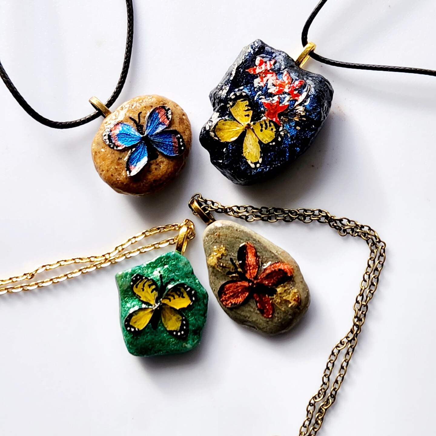 Flower turned into a butterfly stone pendants, yellow, blue or copper ...