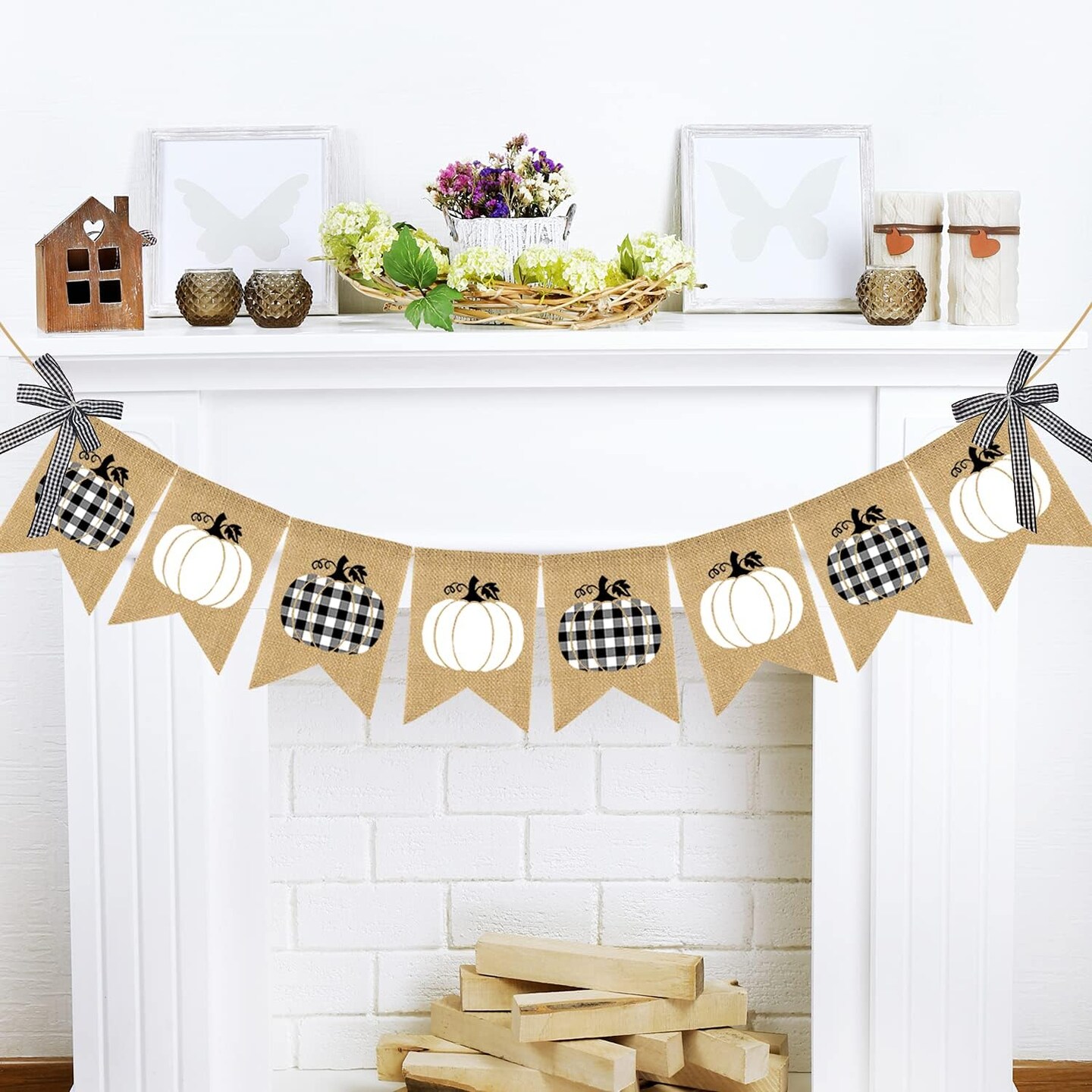 Buffalo Check Fall Banner Jute White Pumpkins Bunting Garland Autumn ...