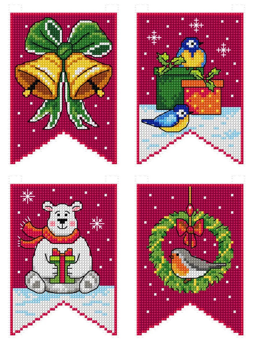 Christmas Flags - red Counted cross stitch kit with plastic canvas ...