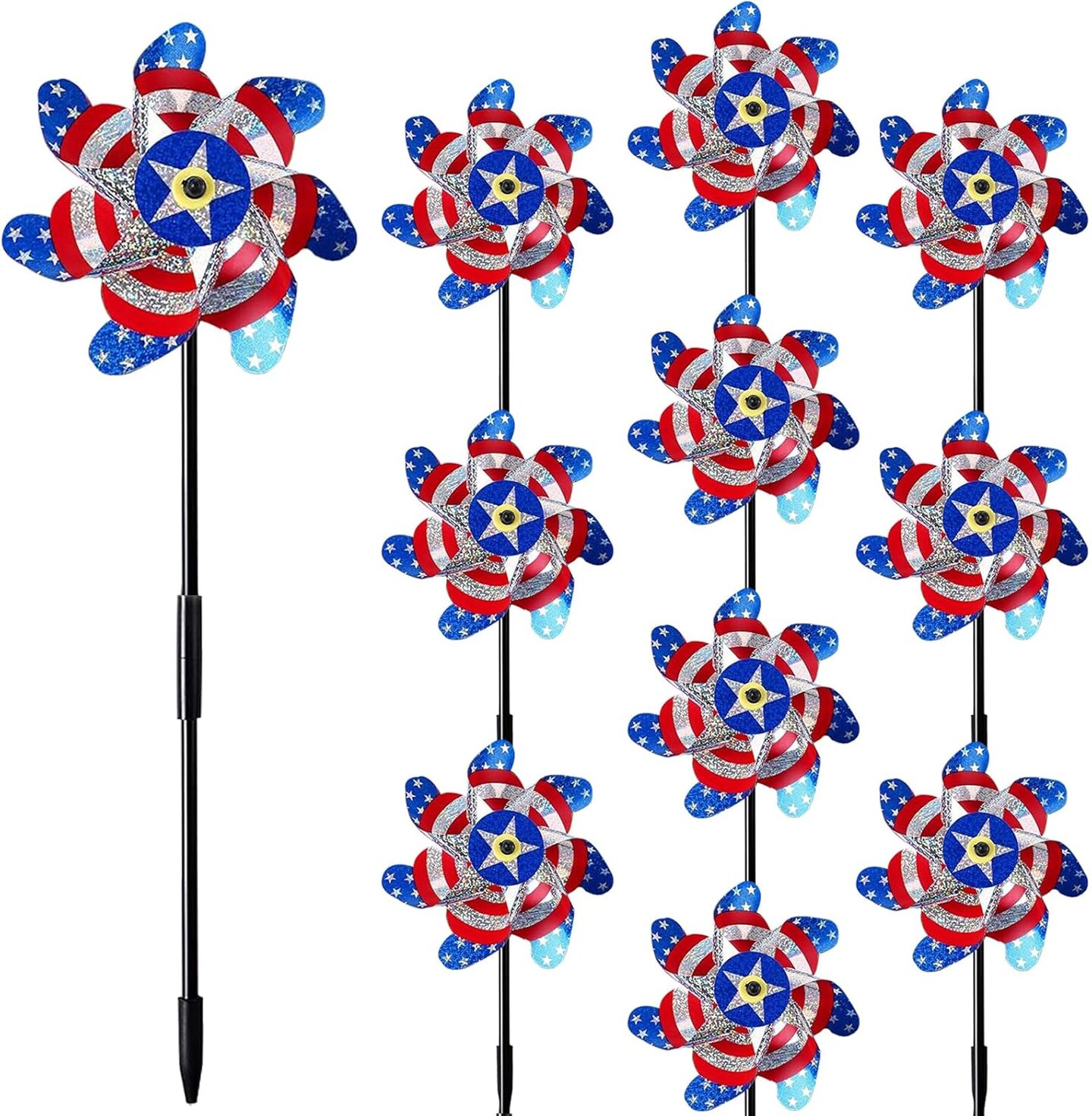 10 Pieces 21 Inches Patriotic Reflective Pinwheels with Stakes ...
