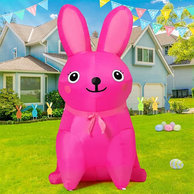 GOOSH 5 FT Easter Inflatables Bunny Blue and Pink Rabbit with Built-in ...
