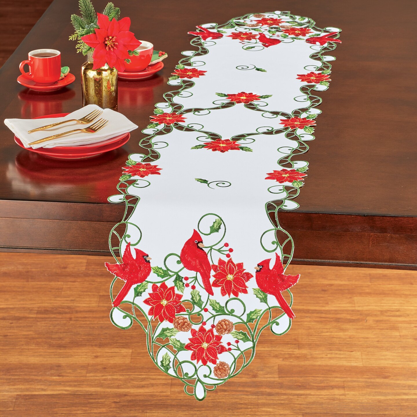 Collections Etc Embroidered Cardinal Trio Poinsettia Table Linens ...