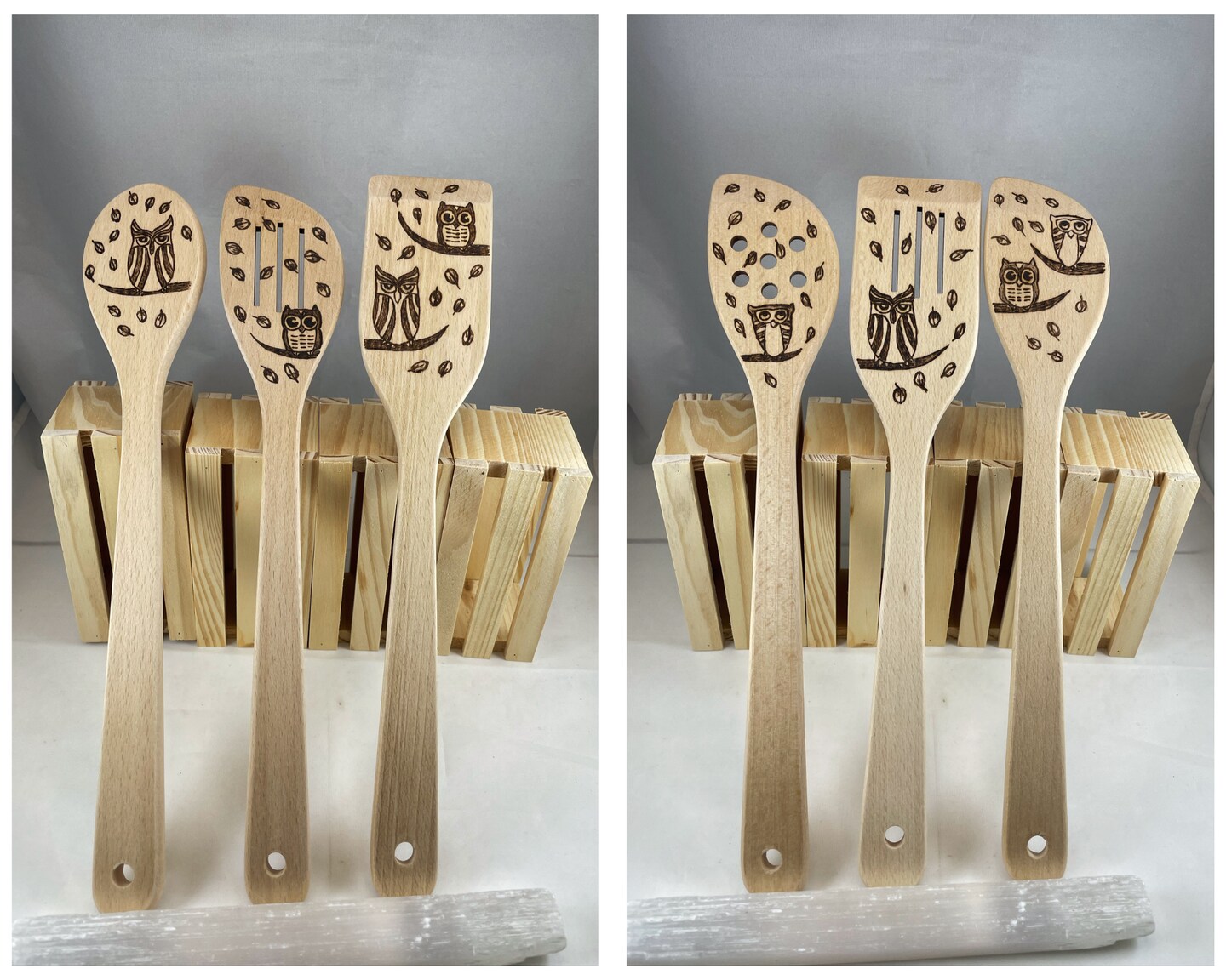 Owls with Blowing Leaves Wood Burned Utensil Set, Pyrography Wood ...