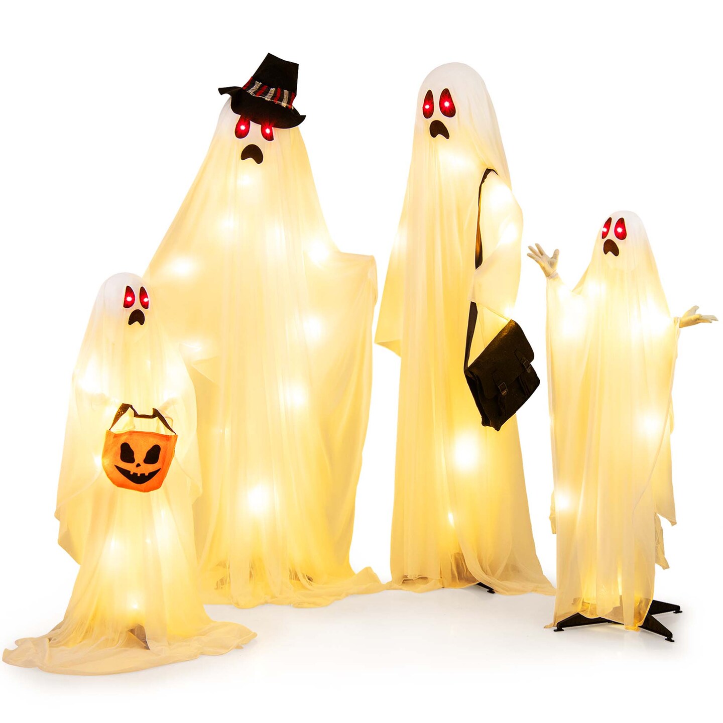 Costway 4 PCS Halloween Light up White Cloth Ghosts Life-size Standing ...