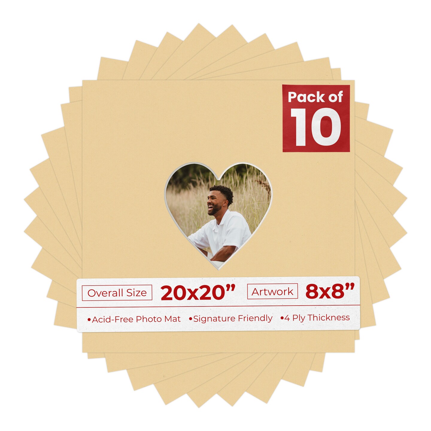 Beige Mat Board for 20x20 Frames - Heart Opening for 8x8 Photos, Color ...