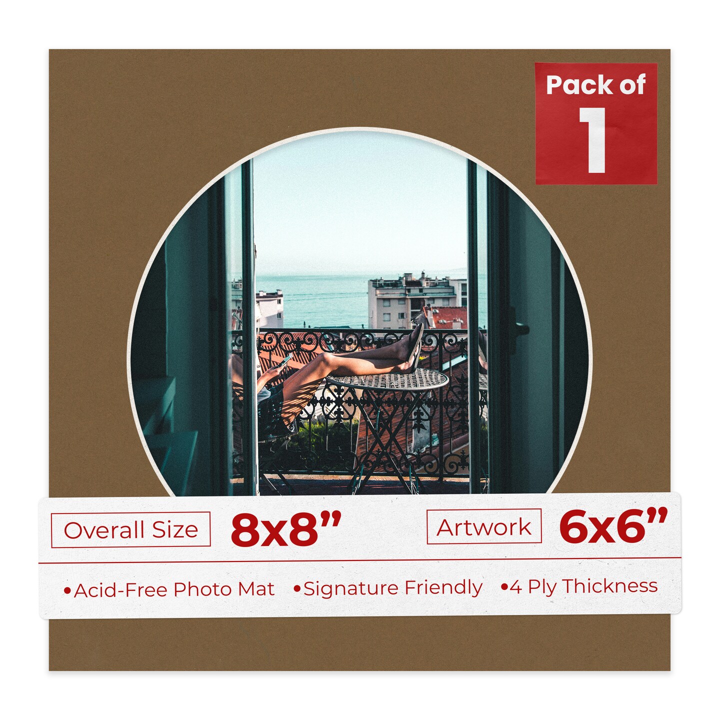 Aged Oak Brown Mat Board for 8x8 Frames - Circle Opening for 6x6 Photos ...