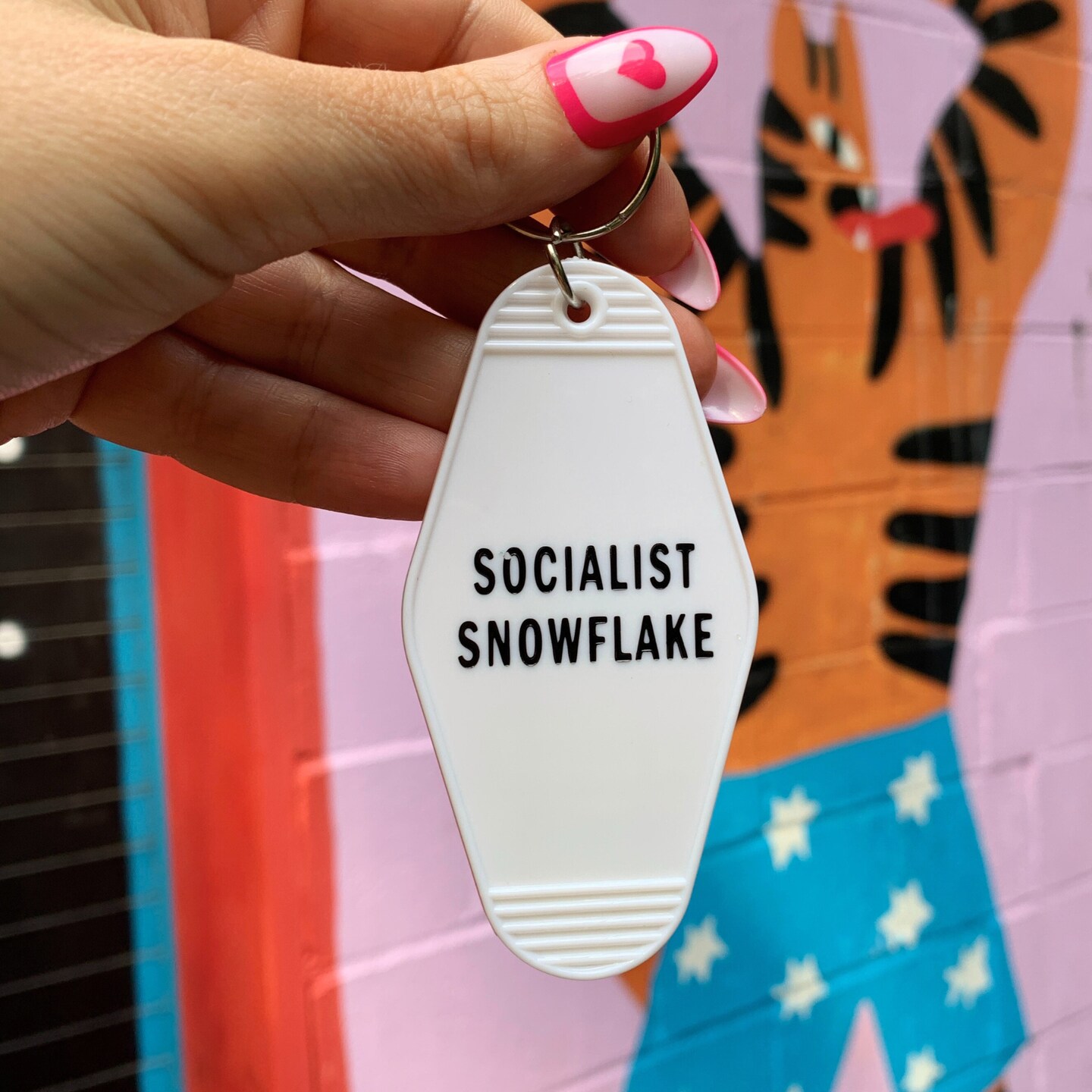 Socialist Snowflake Keychain in Ivory with Black Lettering progressive ...