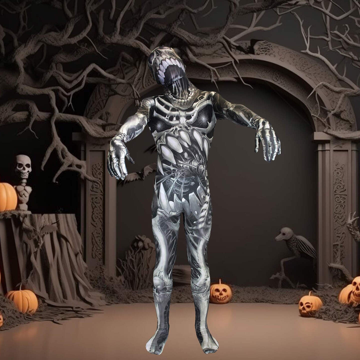 Boy's Skull N Bones Morphsuit Costume with Full Hooded Skeleton Print ...