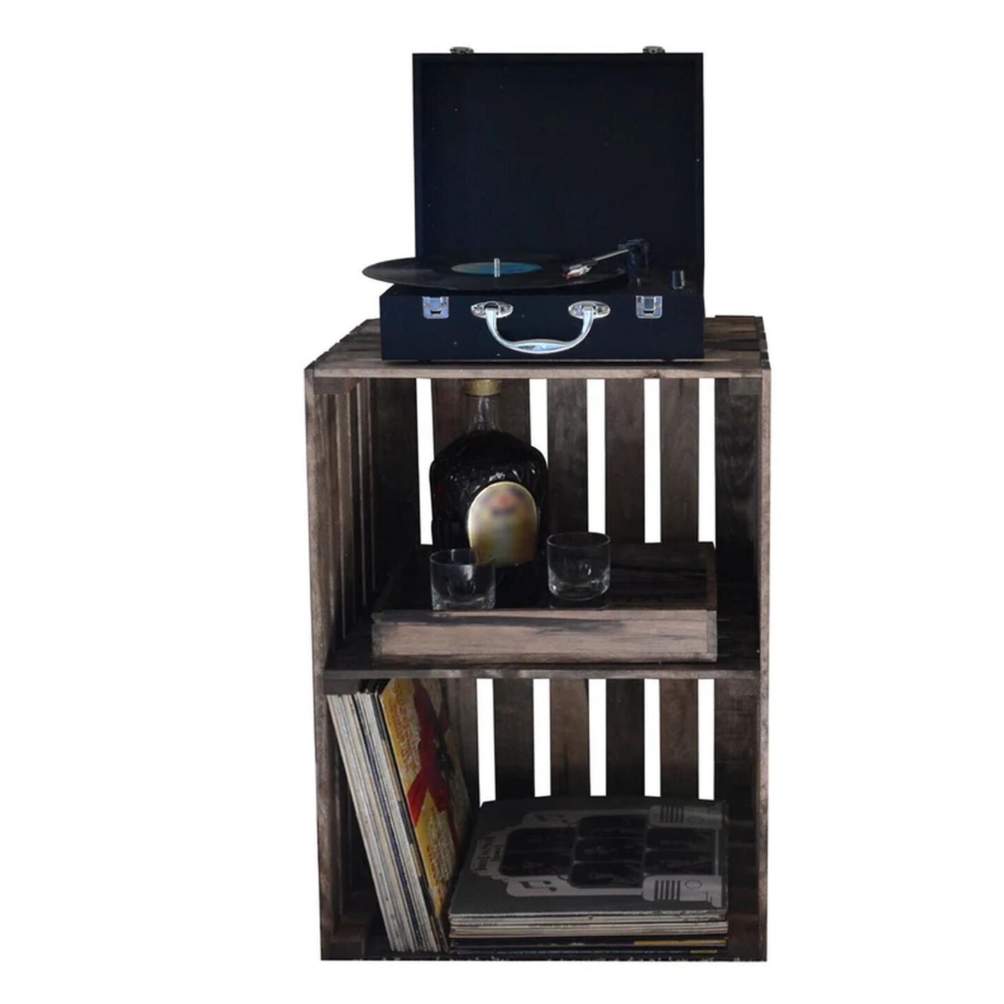 Rustic Wooden Vinyl Record Storage Crate and Turntable Stand ...