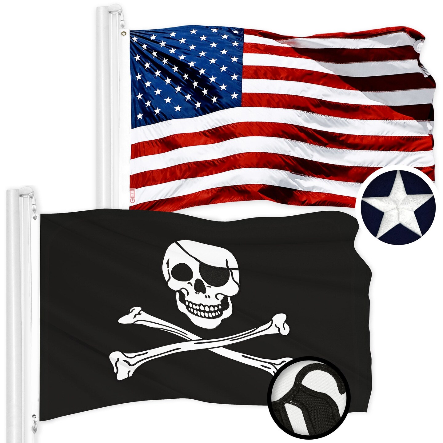 G128 Combo Pack: American USA Flag 2x3 Ft & Pirate Jolly Roger Bones ...