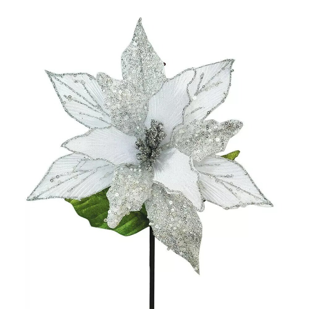 Silver Poinsettia Stem Velvety Flower Christmas Decoration Bendable ...