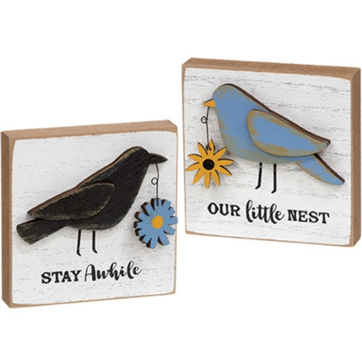 Distressed White Wooden Wall Blocks with Keyhole Hanger and Rustic Bird ...