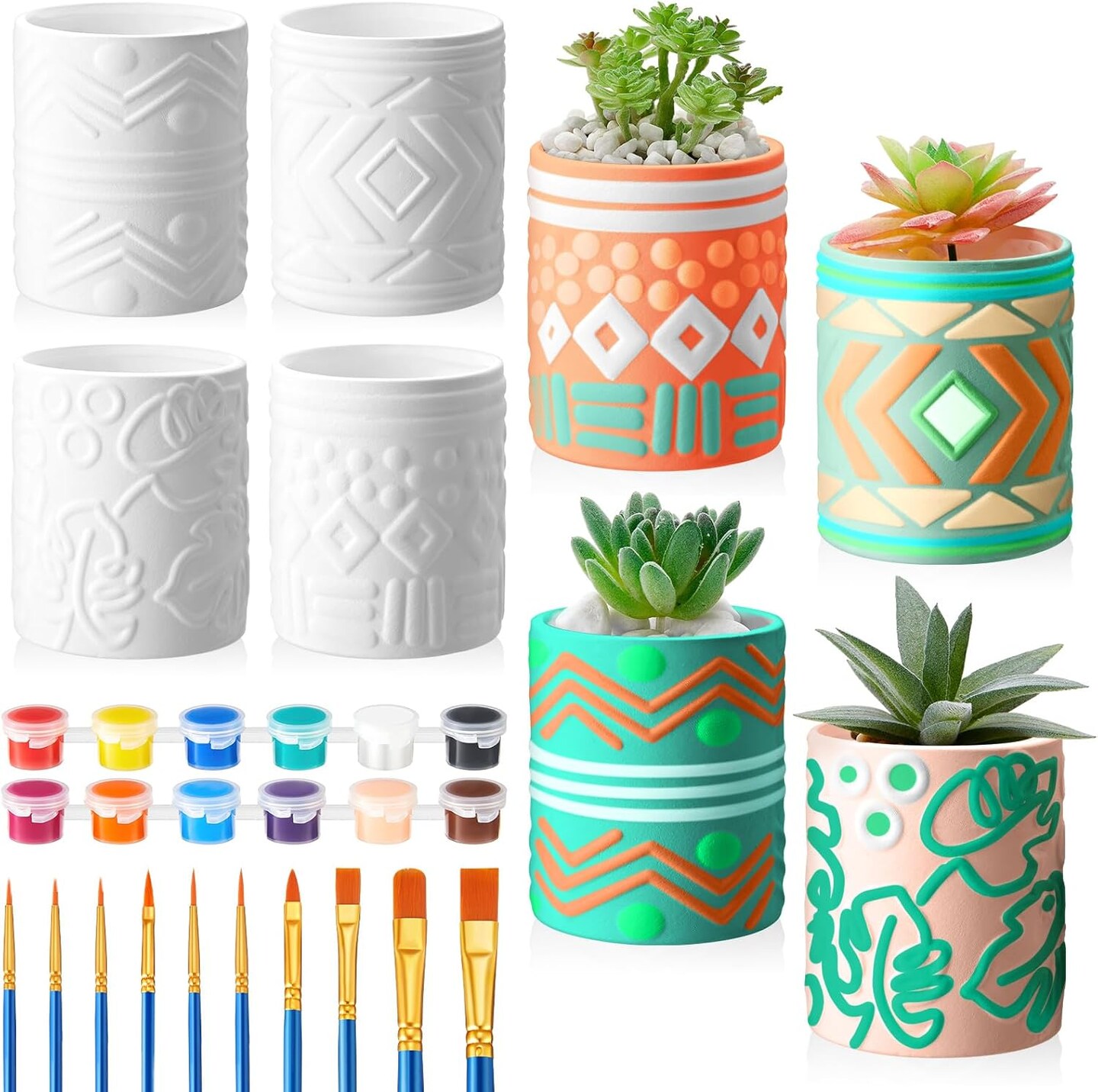 Set of 11 Paint Your Own Flower Pot Kit - 8 Planters, 2 Color Paints, 1 ...
