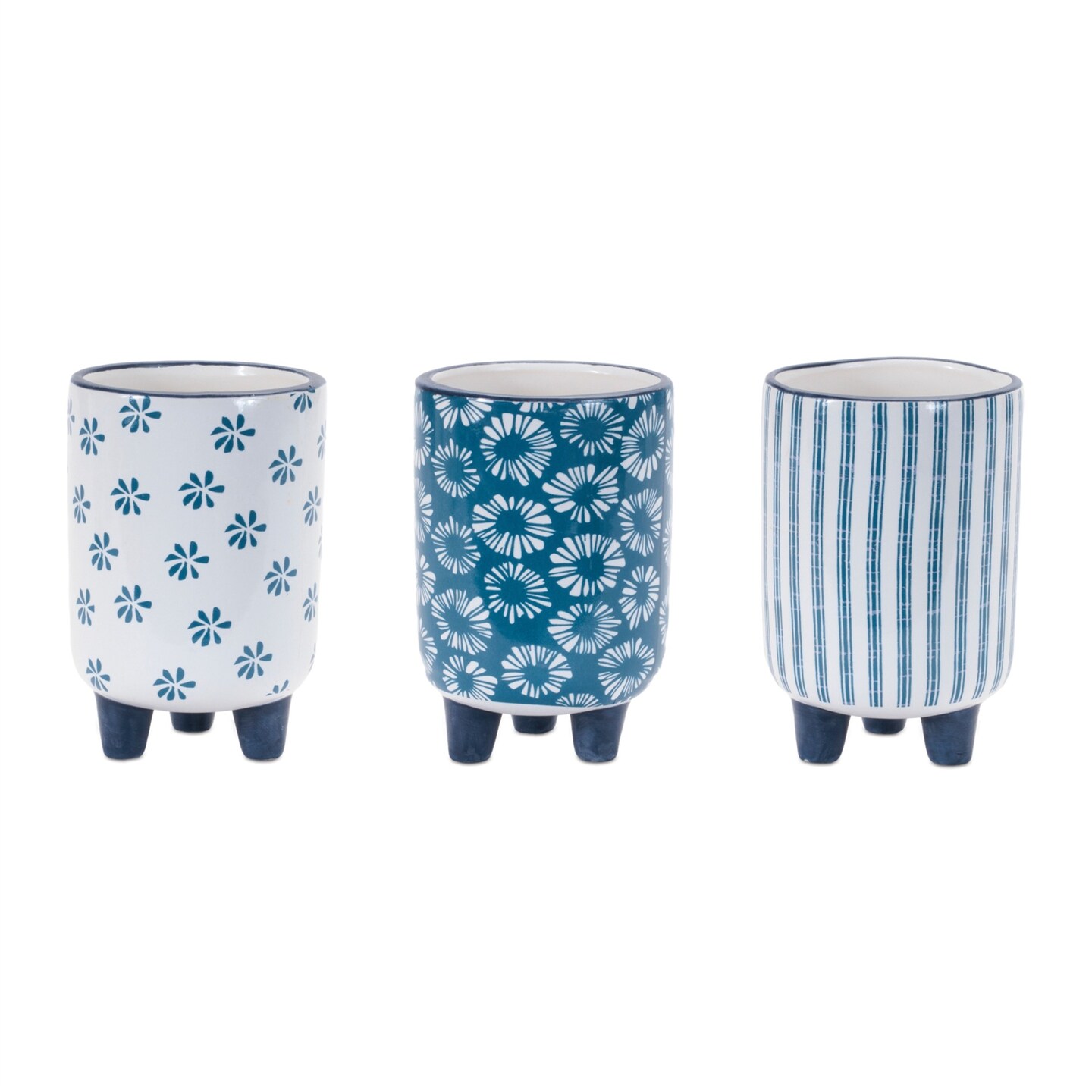Melrose Floral and Striped Footed Dolomite Planters - 21" - Set of 3 ...
