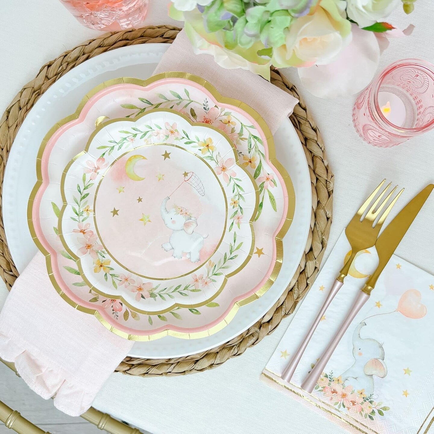 Set of 16 Baby Shower Decorative Paper Plates - Pink Elephant (9 Inches ...