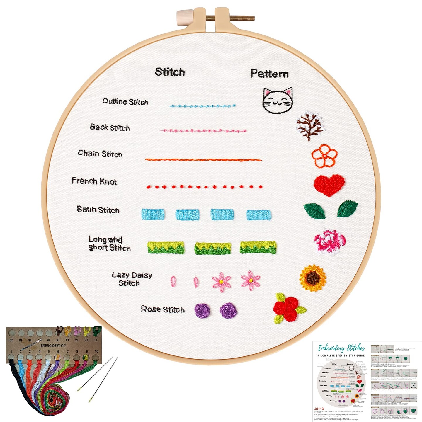 Louise Maelys Beginners Embroidery Kit, 8 Basic Stitches Practice Tool ...