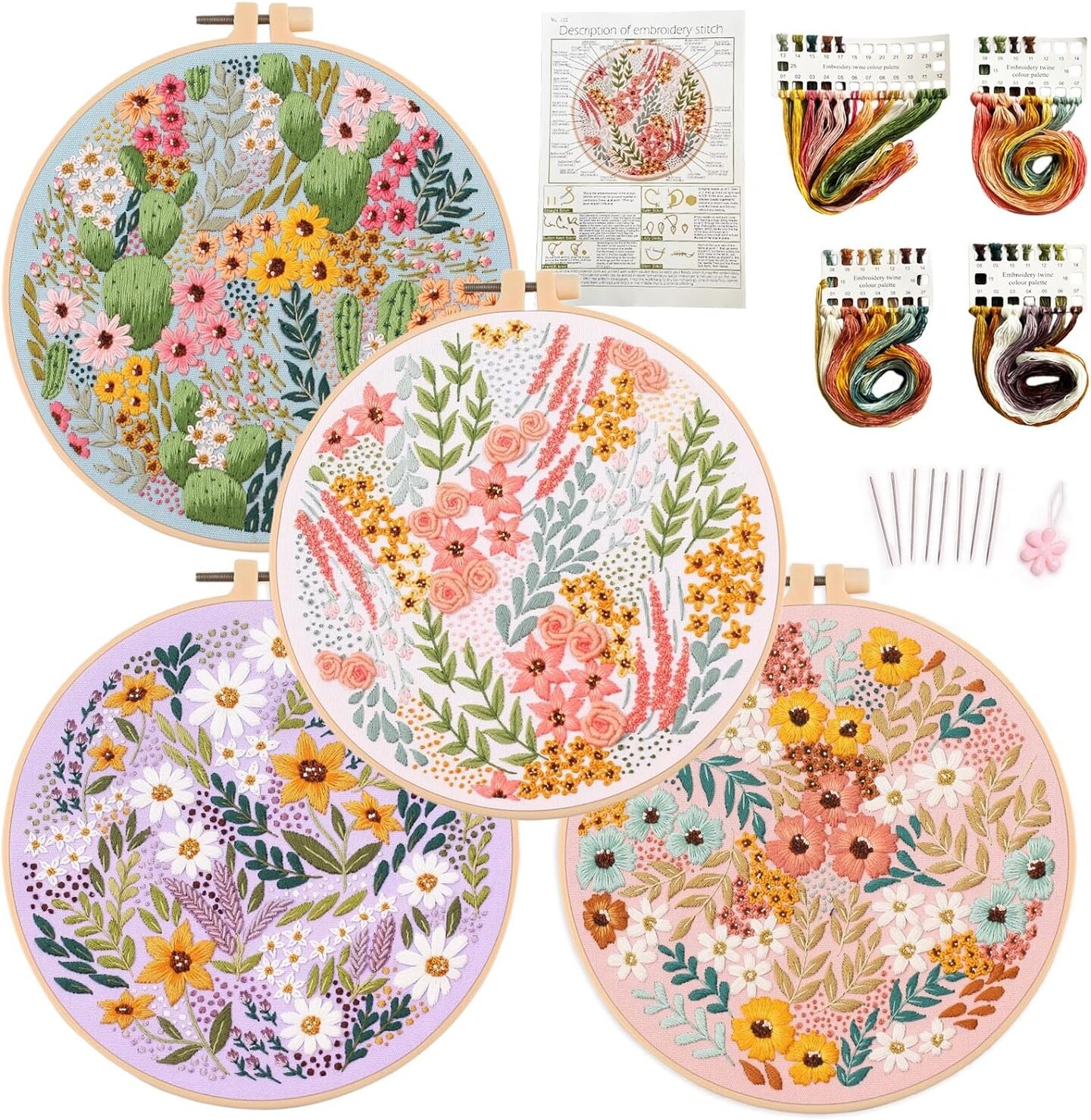 Flower Embroidery Kit, Including 4 Sets of Patterned Embroidery Cloth ...