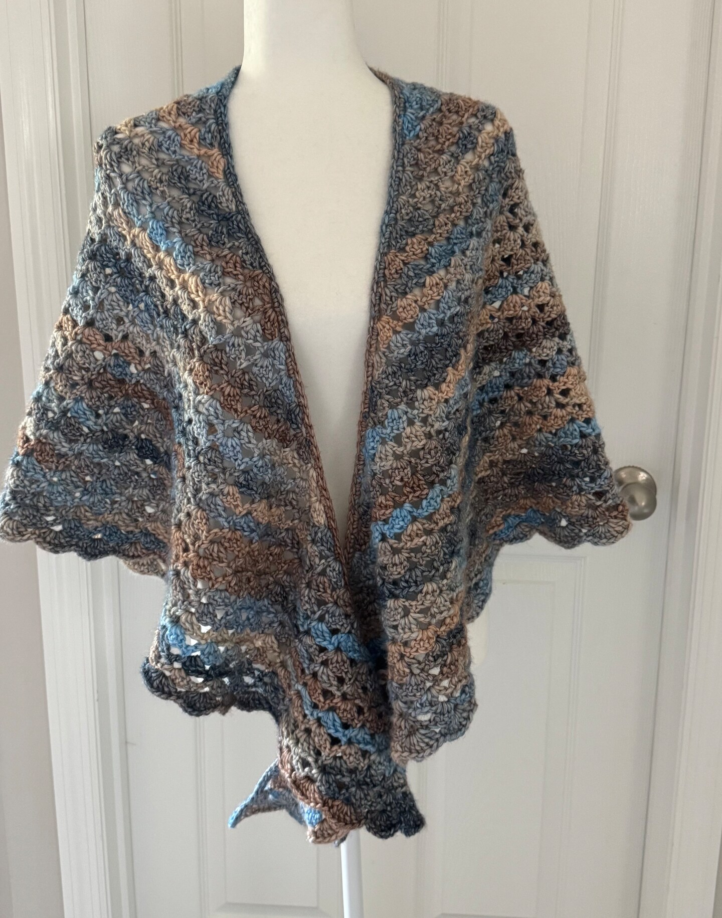New Handmade Crochet Triangle Wrap Variegated Blue Brown Tan Lacy Knit ...