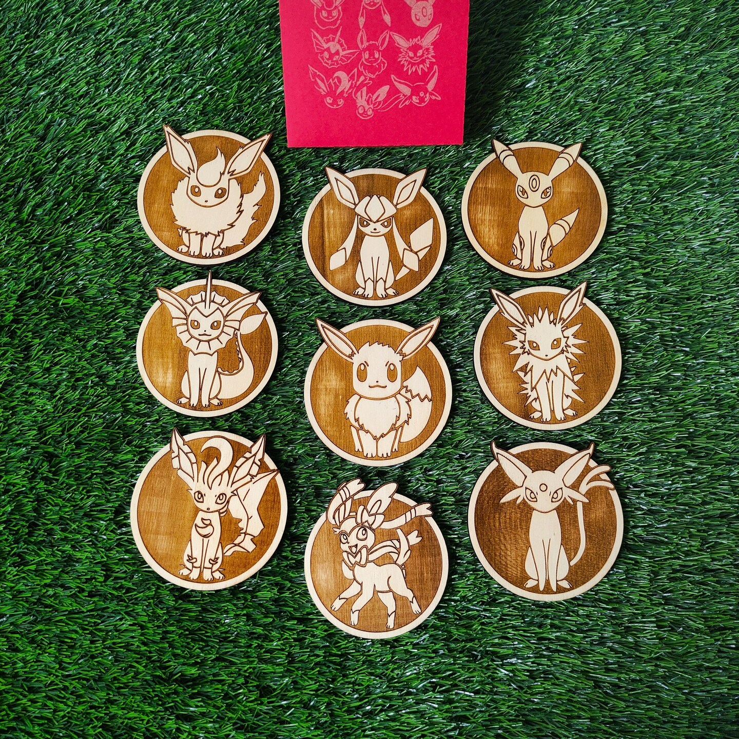 Set of 9 Colorful Pokémon Wooden Coasters, Eevee, Vaporeon, Jolteon ...