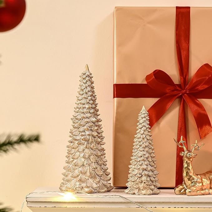 2Pcs Distressed White with Gold Table top Christmas Trees, Small ...