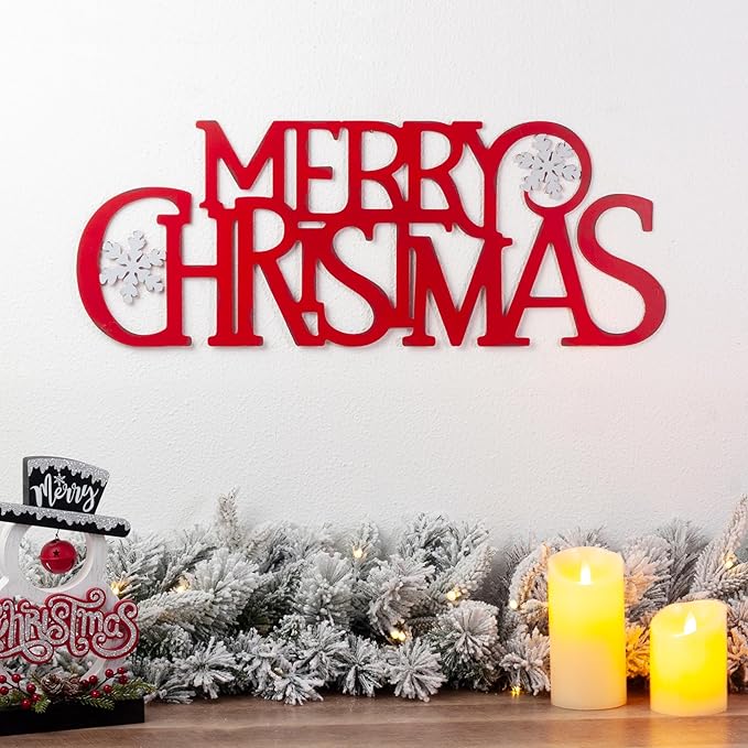 Glitzhome 24"L Merry Christmas Wall Sign, Metal Cutout Words Wall Decor ...